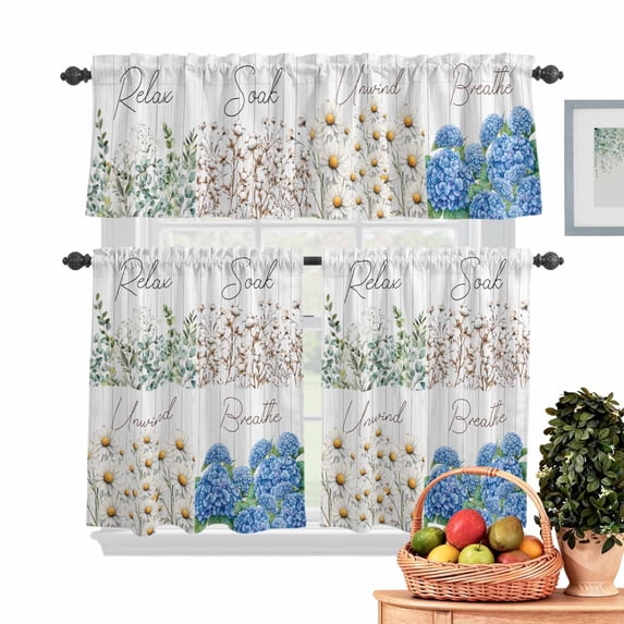 Eucalyptus Leaf Kitchen Curtains Valances 3 Piece Set, Hydrangeas ...