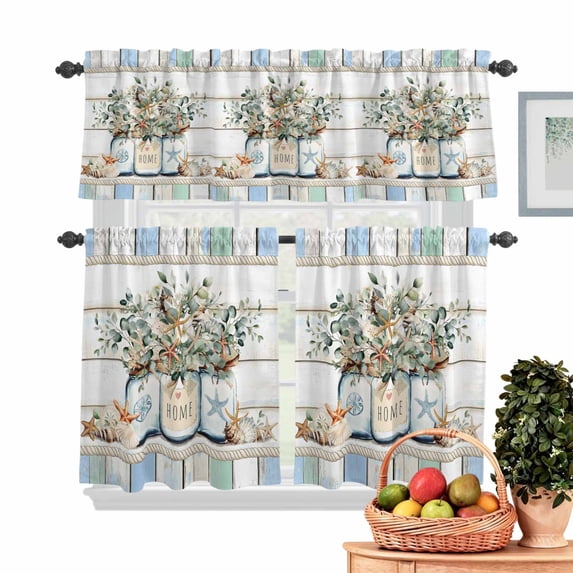 Eucalyptus Leaf Kitchen Curtains Valances 3 Piece Set, Starfish Shell ...