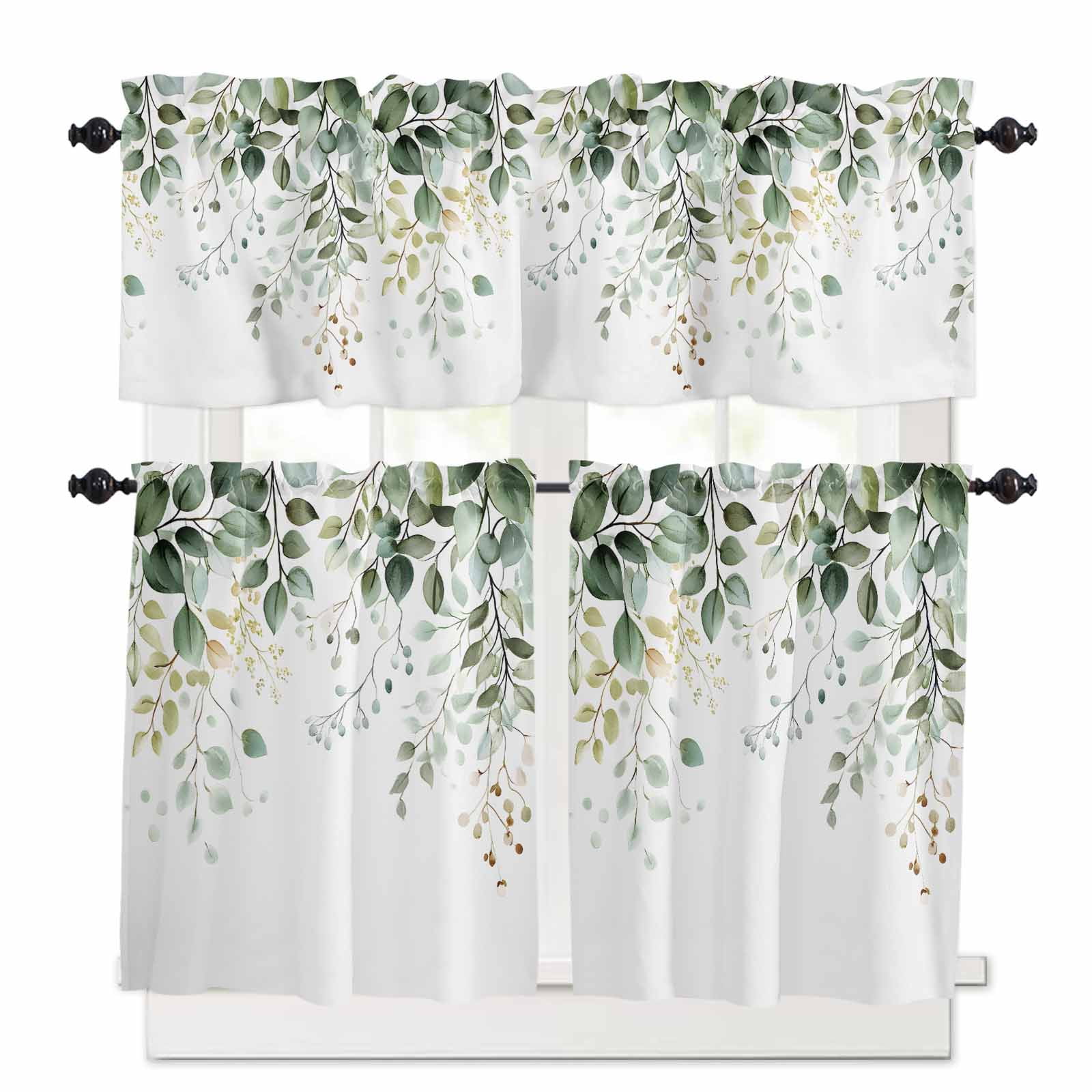 Eucalyptus Leaf Kitchen Curtains Valances and Tiers Set of 3, 36 Inch ...