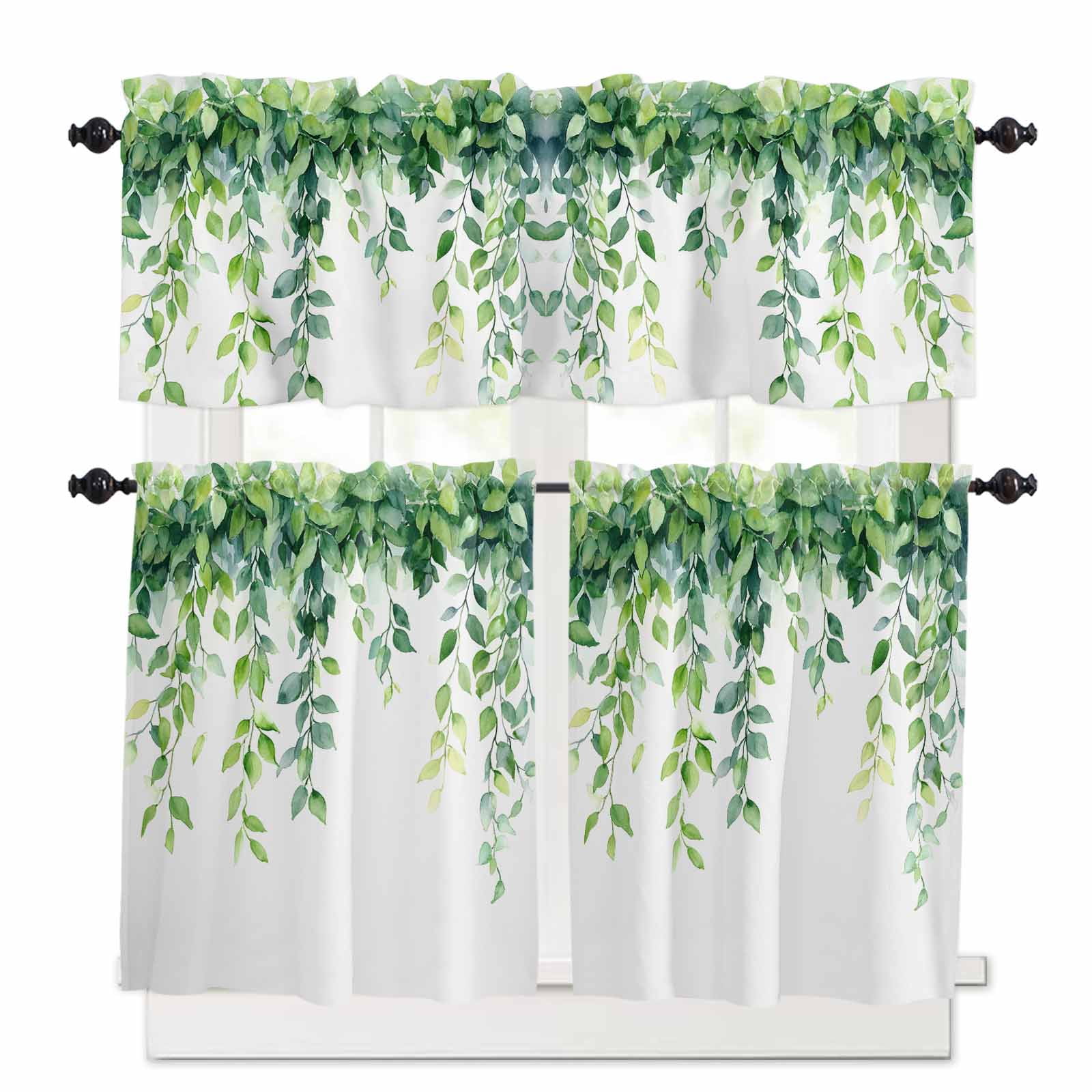 Eucalyptus Leaf Kitchen Curtains Valances and Tiers Set of 3 Spring ...
