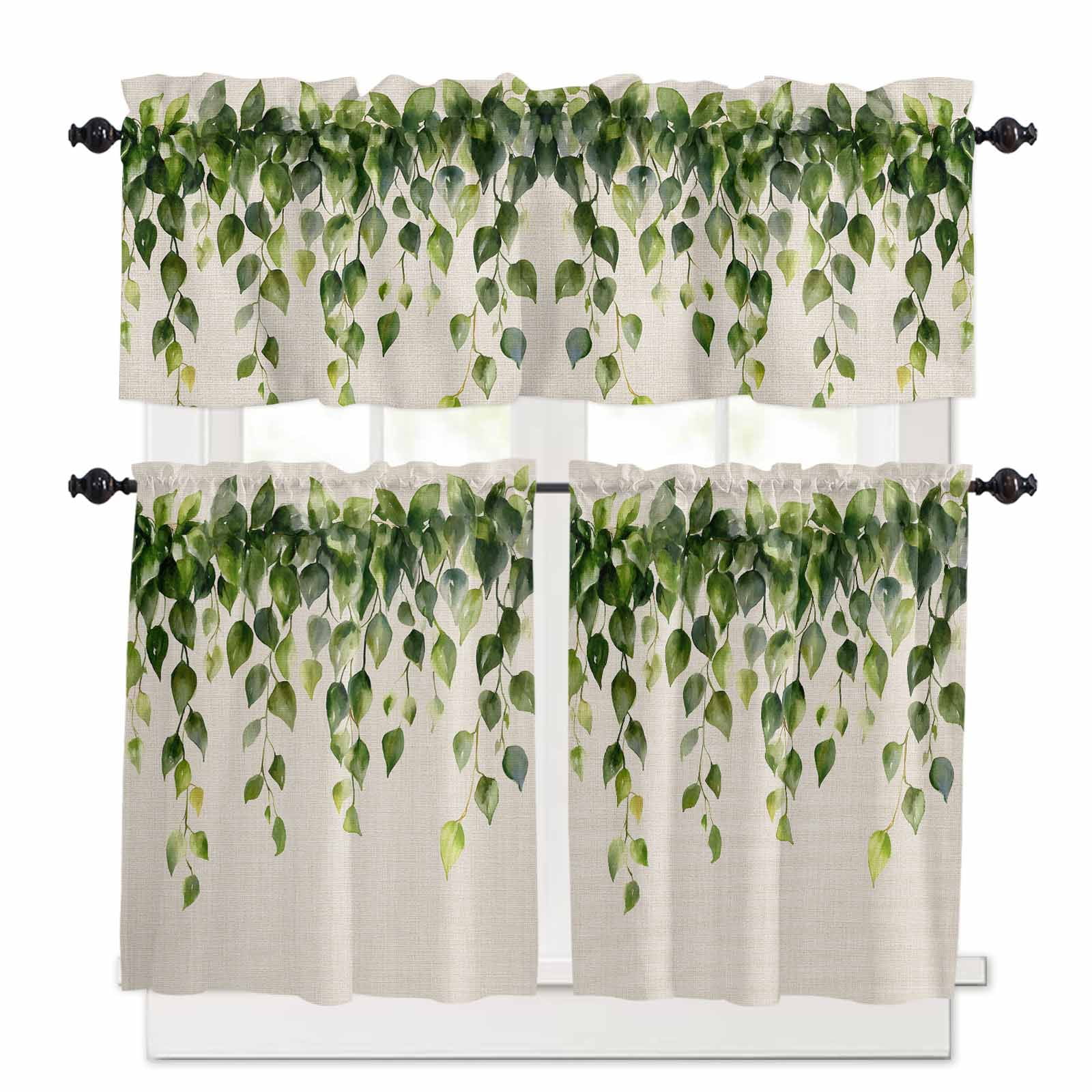 Eucalyptus Leaf Kitchen Curtains Valances and Tiers Set of 3 Watercolor ...