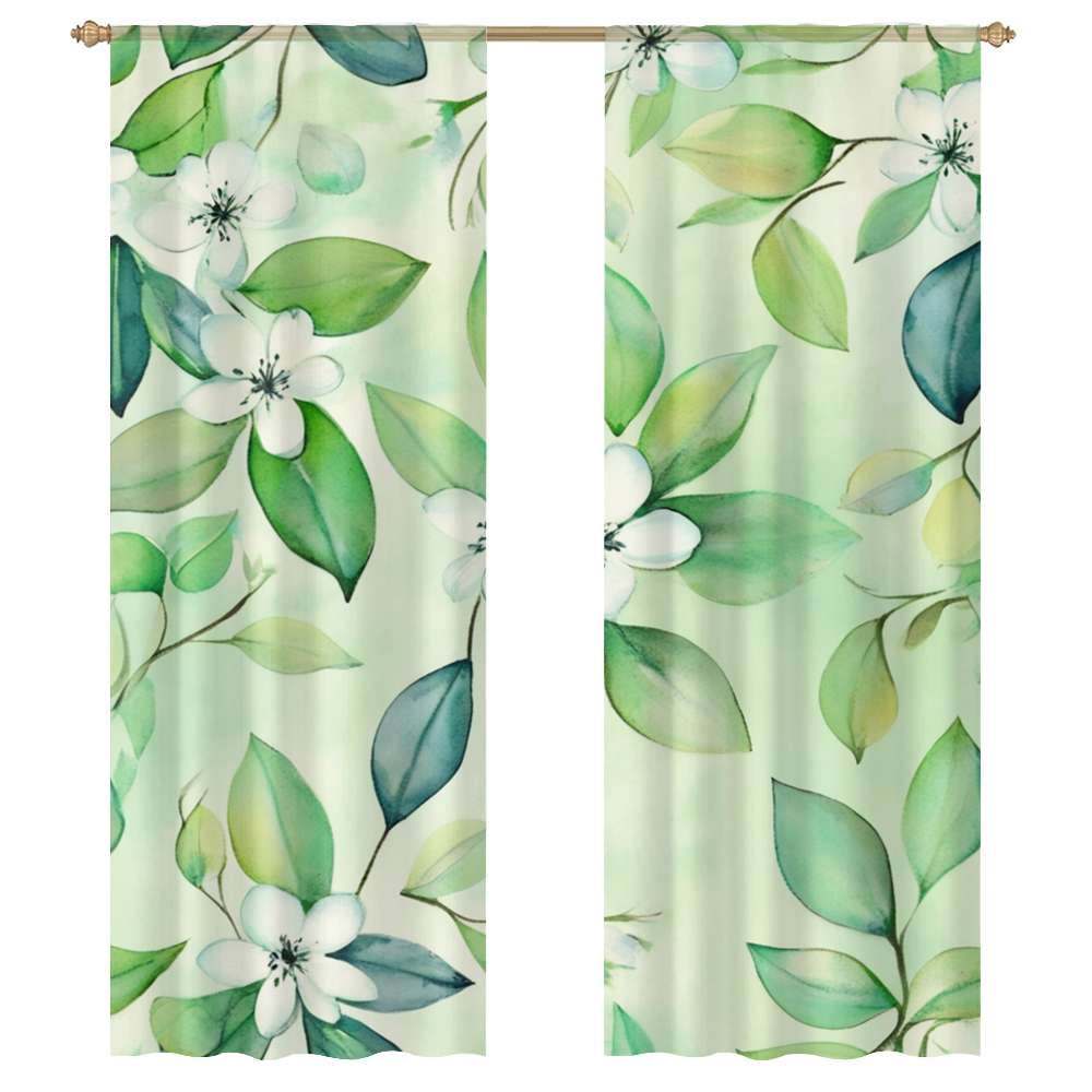 Eucalyptus Leaf Pattern Modern Tulle Window Curtains for Living Room ...