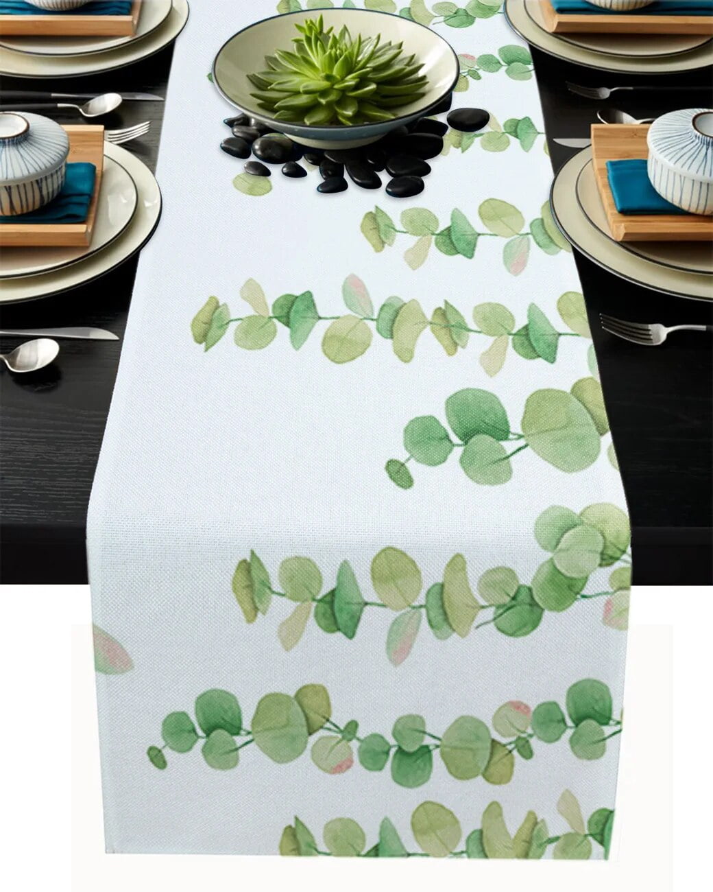 Eucalyptus Leaf Plant Table Runners For Wedding Party Decoration Modern Linen Cotton Table ...
