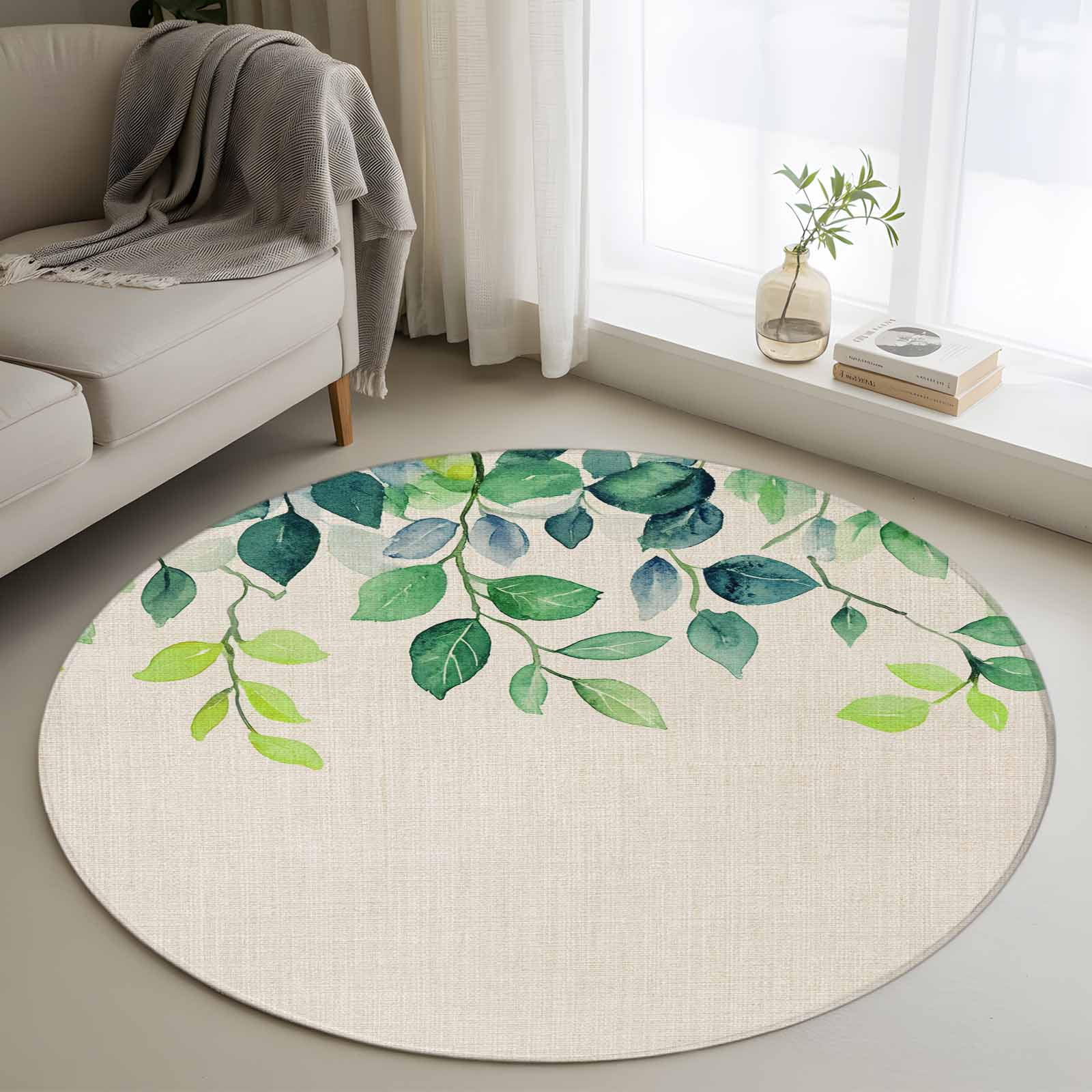 Eucalyptus Leaf Round Rug 3.3ft Washable Circle Entryway Rugs Non Slip ...