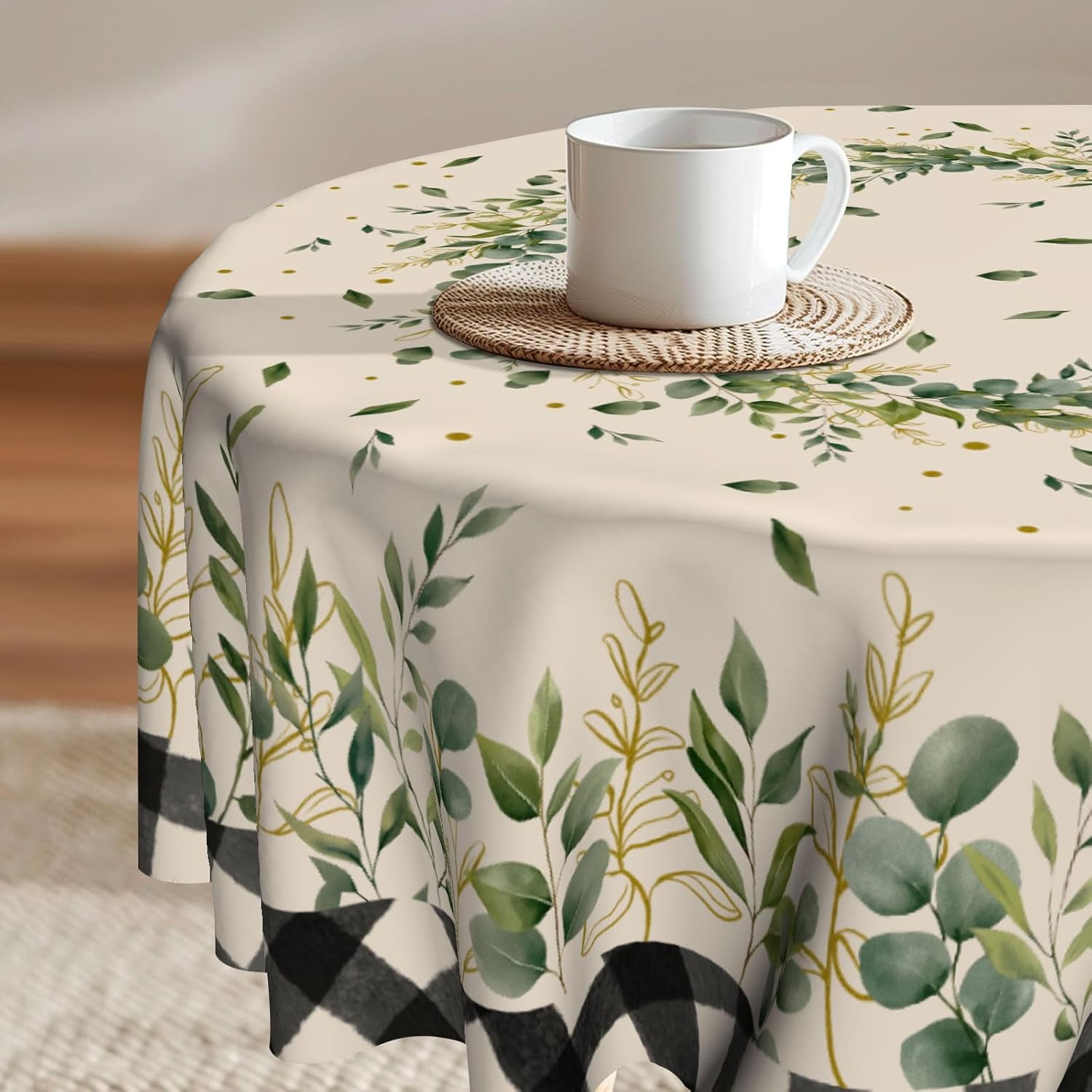 Eucalyptus Leaf Round Tablecloth Spring Botanical Green Leaf Reusable ...
