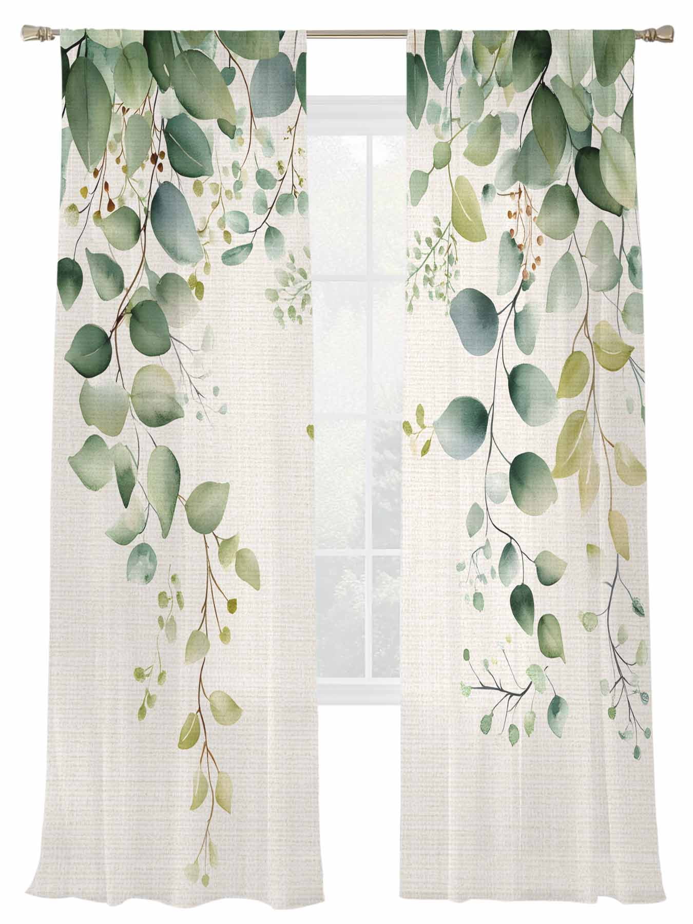 Eucalyptus Leaf Sheer Curtains 96 Inch Long 2 Panels, Country Green ...
