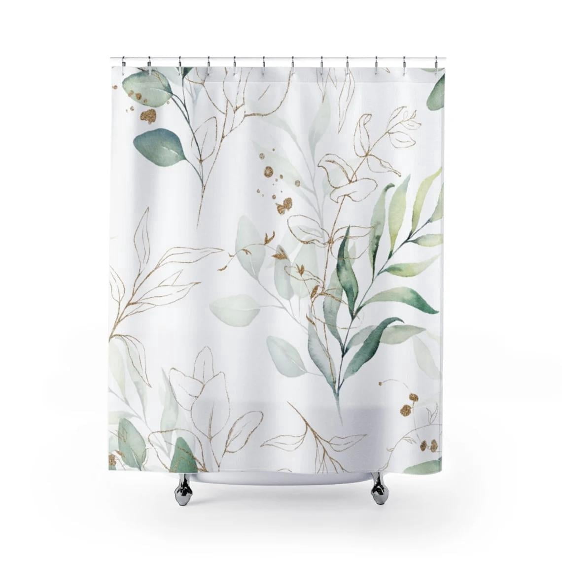 Eucalyptus Leaf Shower Curtain, Waterproof Watercolor Botanical ...
