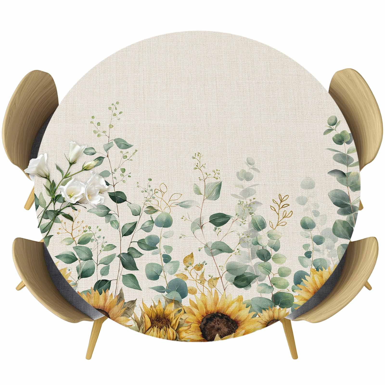 Eucalyptus Leaf Sunflower Round Fitted Tablecloth with Elastic Edge ...