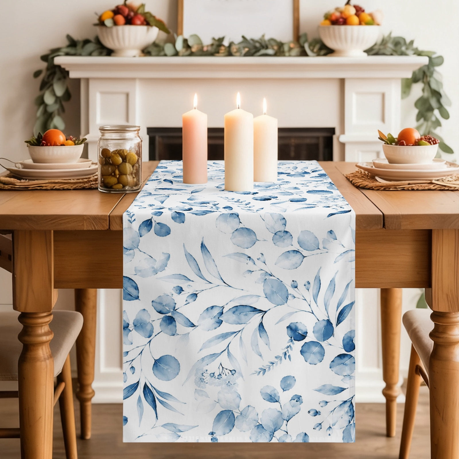 Eucalyptus Leaf Table Runner 13x90 Inch Blue Watercolor Botanical ...
