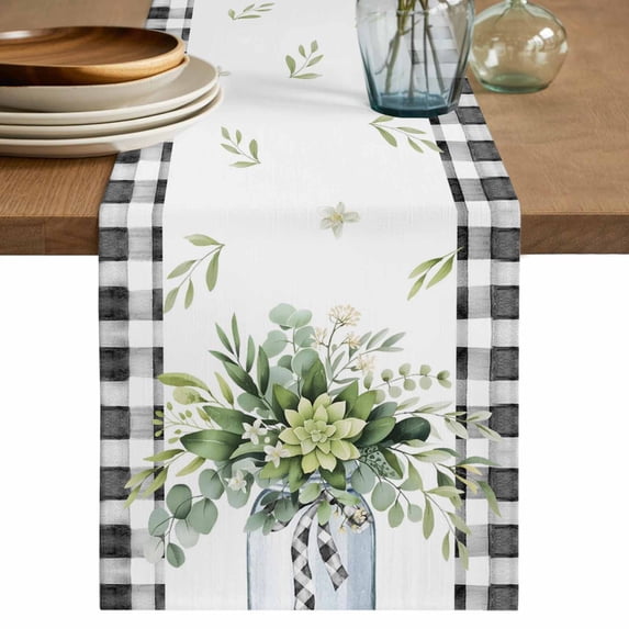 Eucalyptus Leaf Table Runner 72 Inches, Farmhouse Buffalo Plaid Green ...