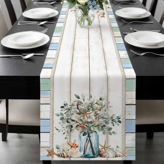 Eucalyptus Leaf Table Runner, Starfish Shell Vase Washable Cotton-linen ...