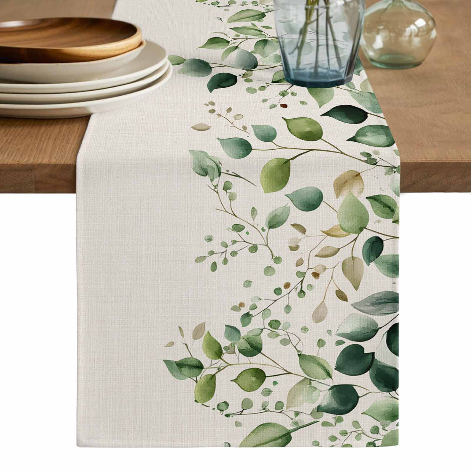 Eucalyptus Leaf Table Runner, Watercolor Green Plant Vintage Country ...
