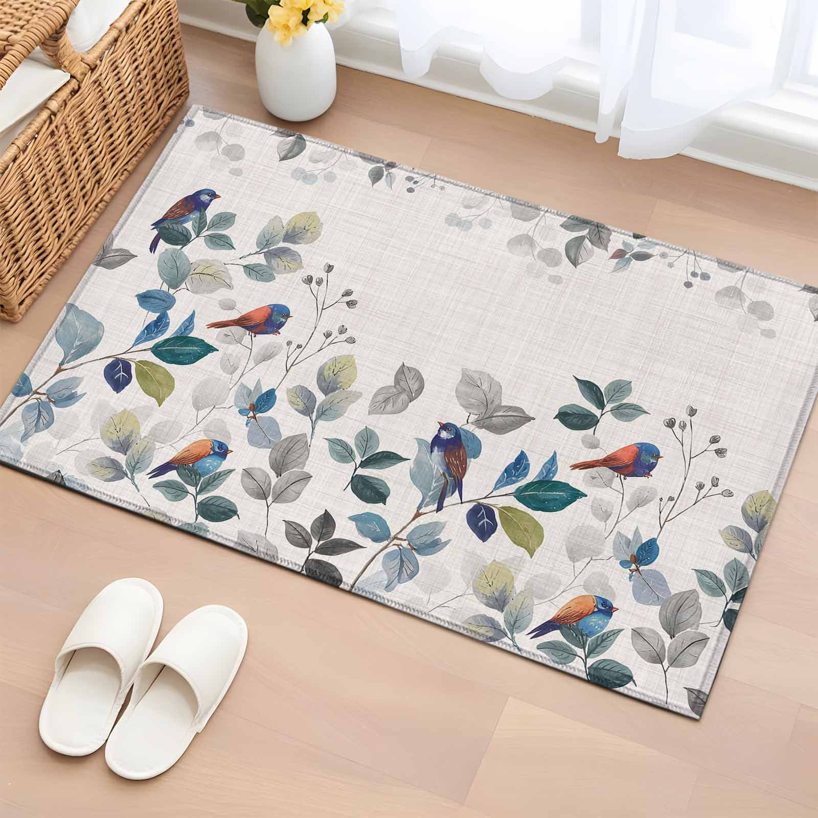 Eucalyptus Leaves 2'x3' Rug, Retro Farmhouse Botanical Floral Birds Non ...