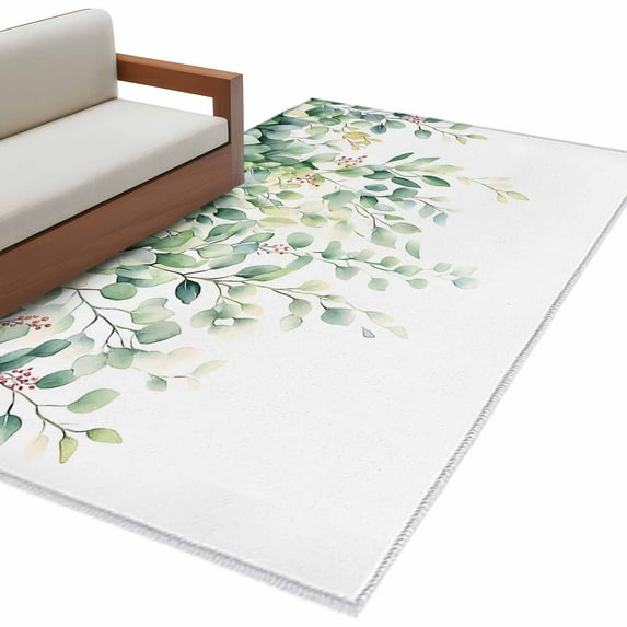 Eucalyptus Leaves 3'x5' Washable Rug, Summer Botanical Spring Green Non ...