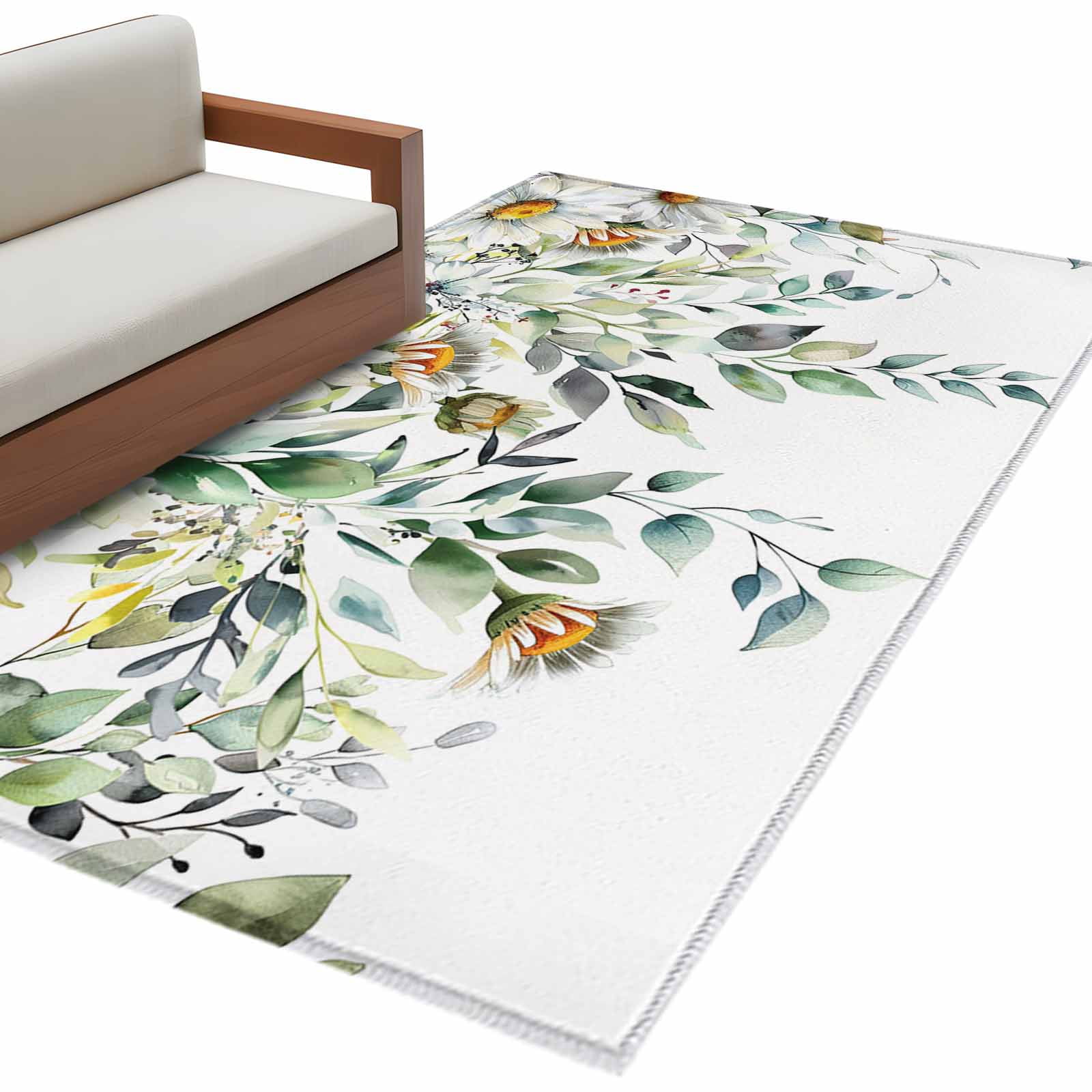 Eucalyptus Leaves 3'x5' Washable Rug, White Daisy Spring Floral Summer ...