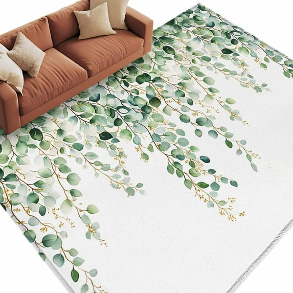 Eucalyptus Leaves Area Rug 5x8ft Watercolor Green Leaf Non-Slip ...