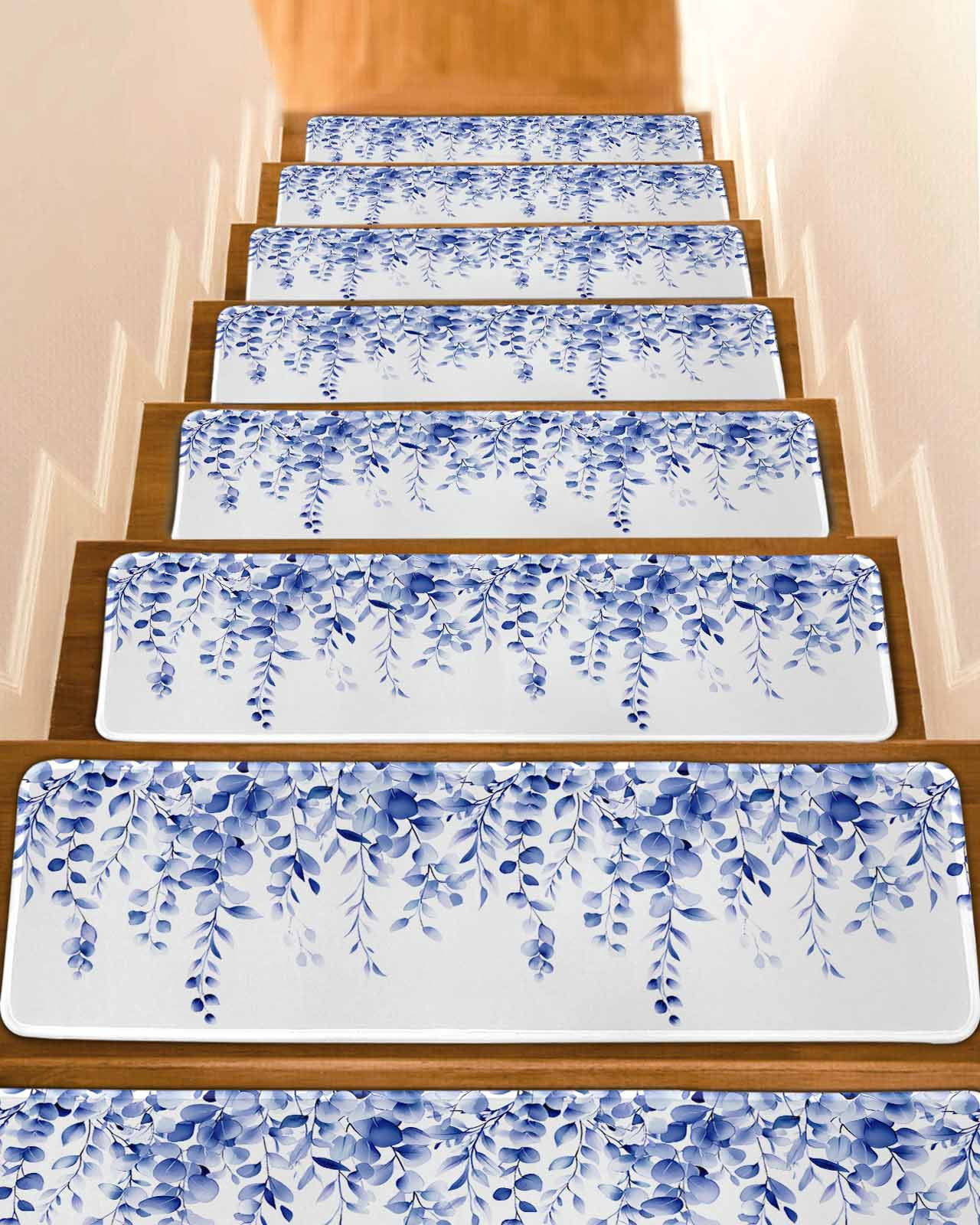 Eucalyptus Leaves Blue Stair Treads for Wooden Steps Indoor Runner Rug ...