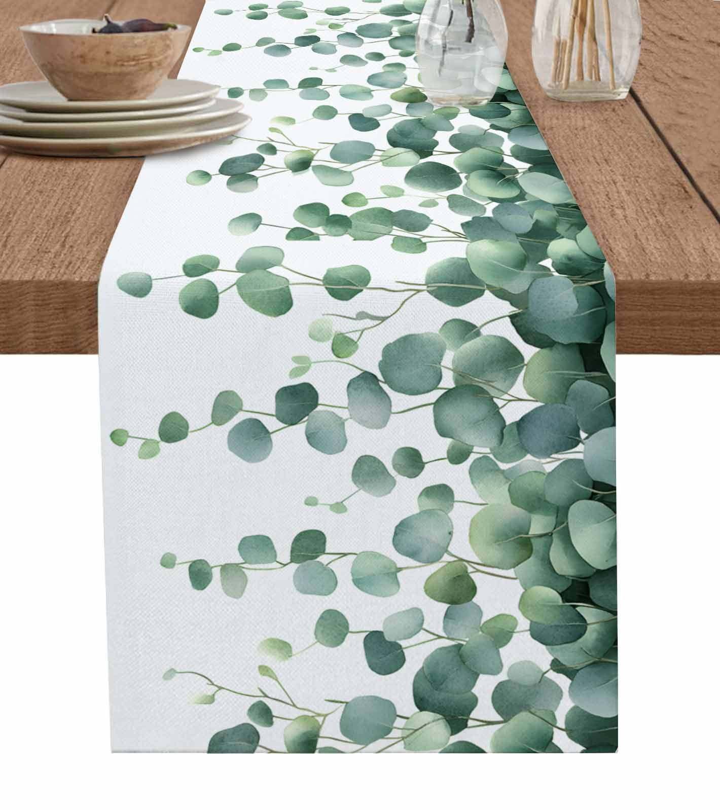 Eucalyptus Leaves Burlap Cotton Table Runner 13x108 Inches Long, Spring ...