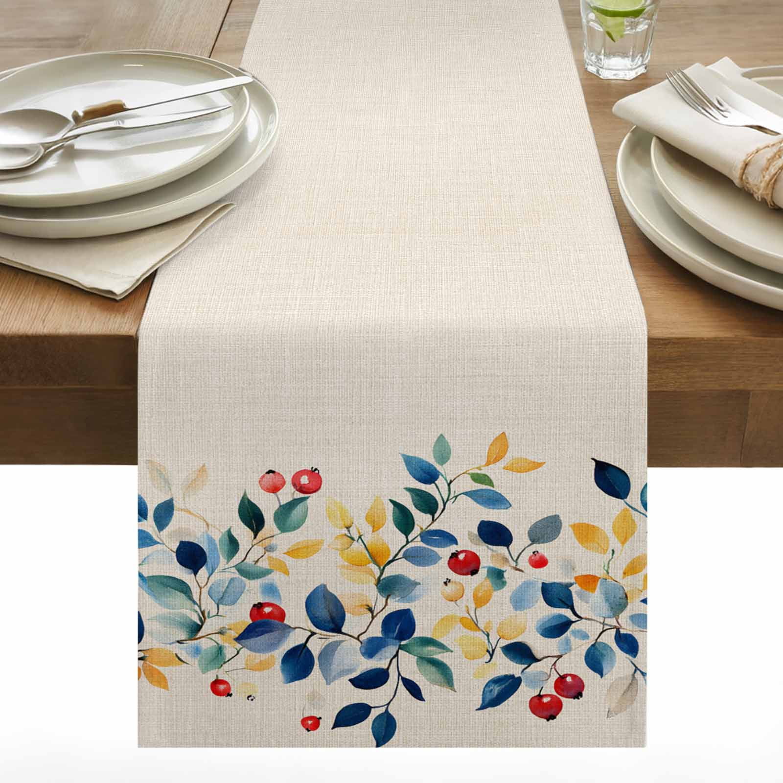 Eucalyptus Leaves Cotton Linen Table Runner Spring Berry Plants Dining ...