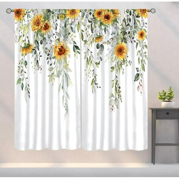 Eucalyptus Leaves Curtains Sunflower Floral Art Printed Blackout Window ...