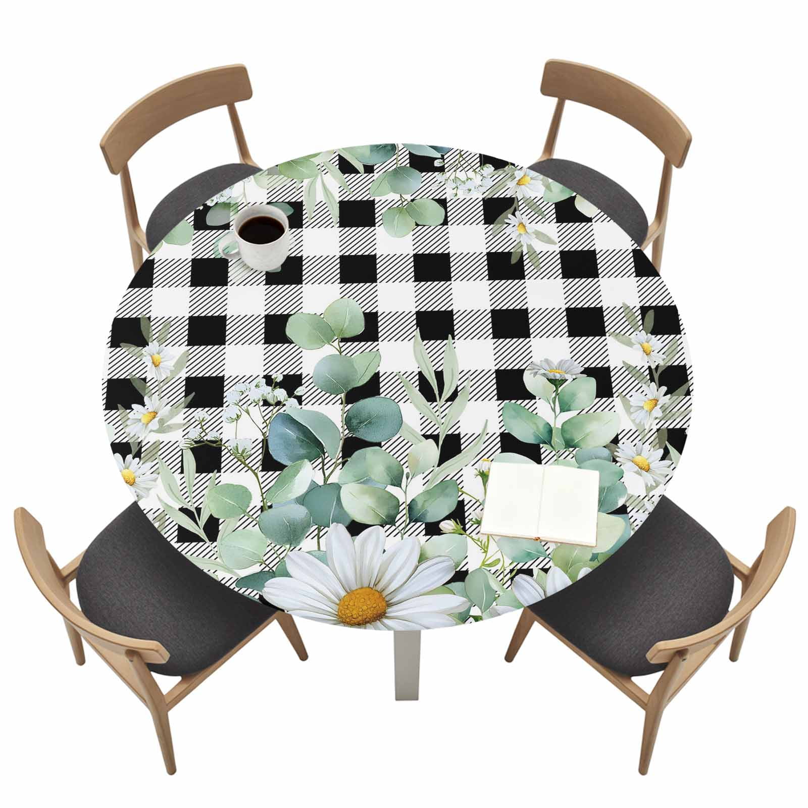 Eucalyptus Leaves Daisy Round Fitted Tablecloth with Elastic Edge ...