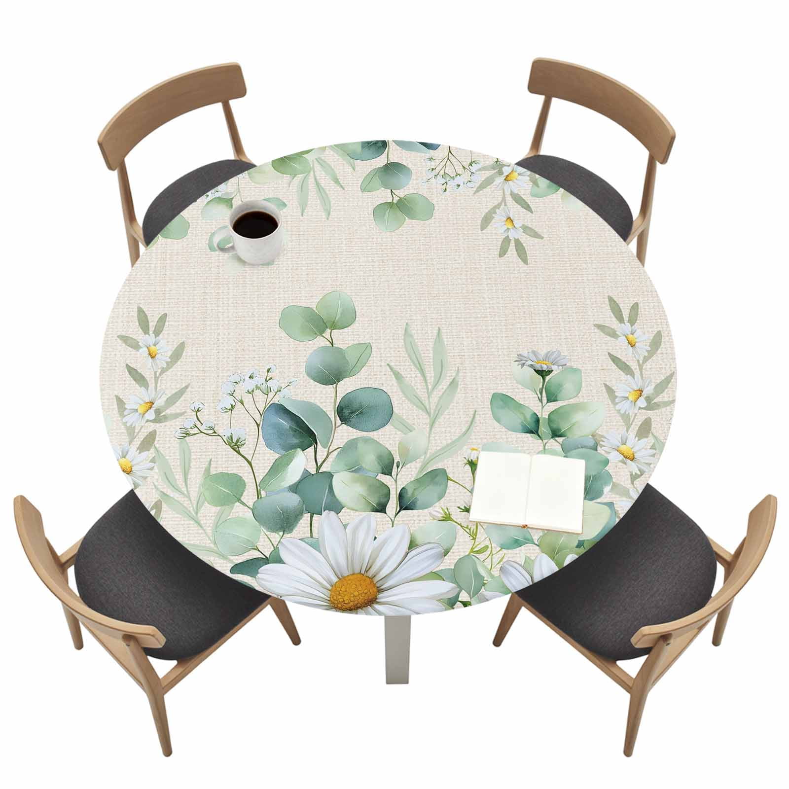 Eucalyptus Leaves Daisy Round Fitted Tablecloth with Elastic Edge ...