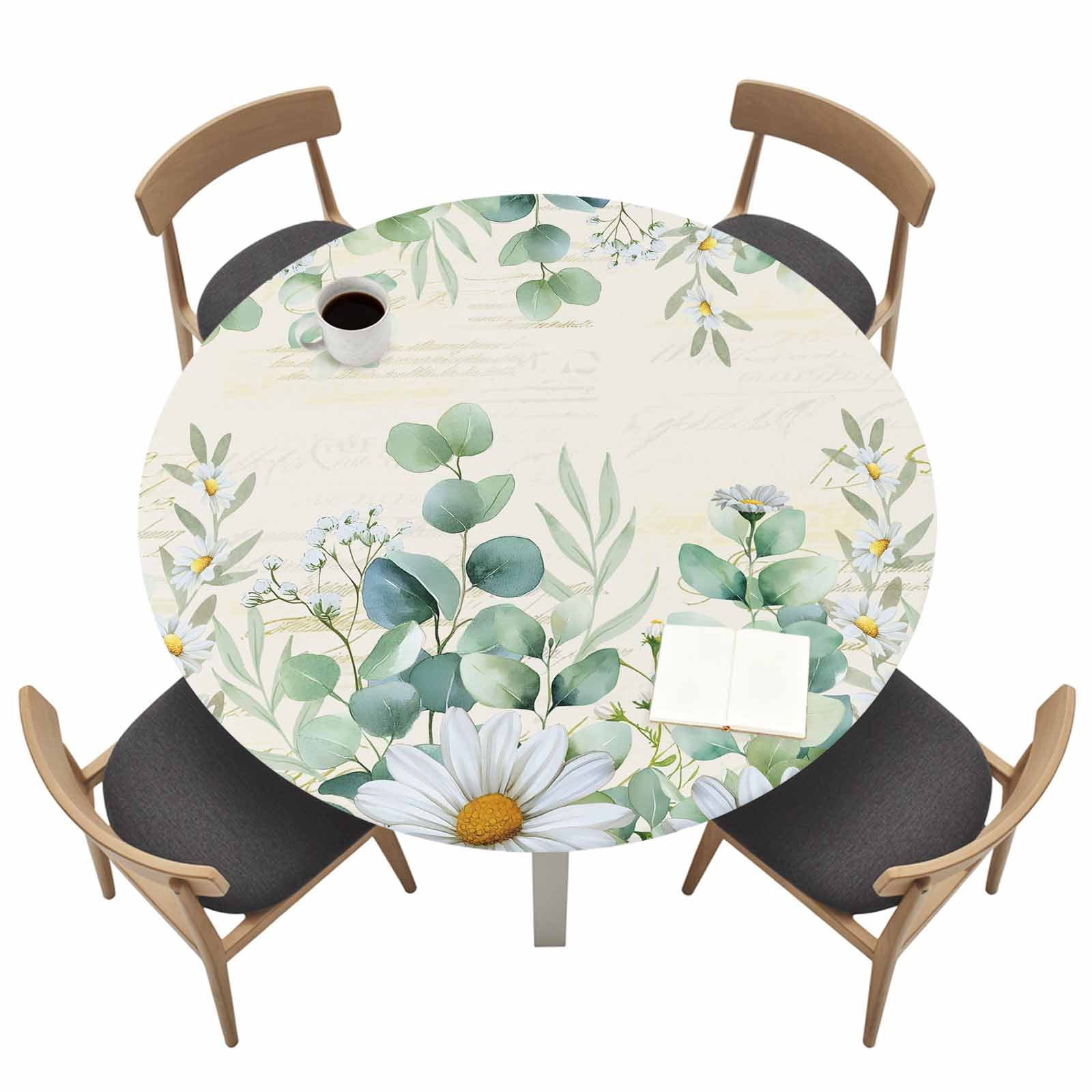 Eucalyptus Leaves Daisy Round Fitted Tablecloth with Elastic Edge ...