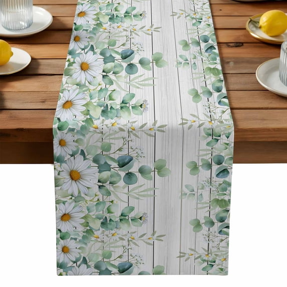 Eucalyptus Leaves Daisy Table Runner, Summer Farmhouses Wood Grain ...
