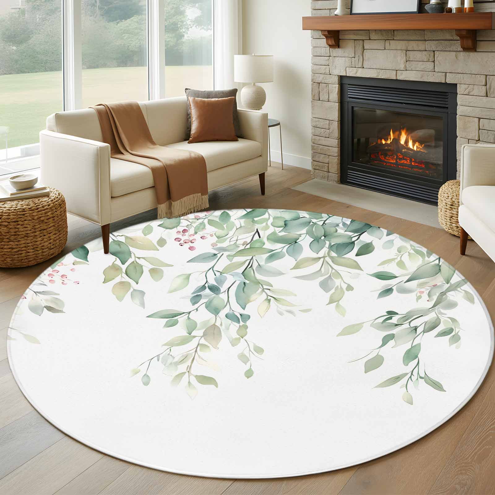 Eucalyptus Leaves Farmhouse 7ft Round Rug, Spring Botanical Non-Skid ...