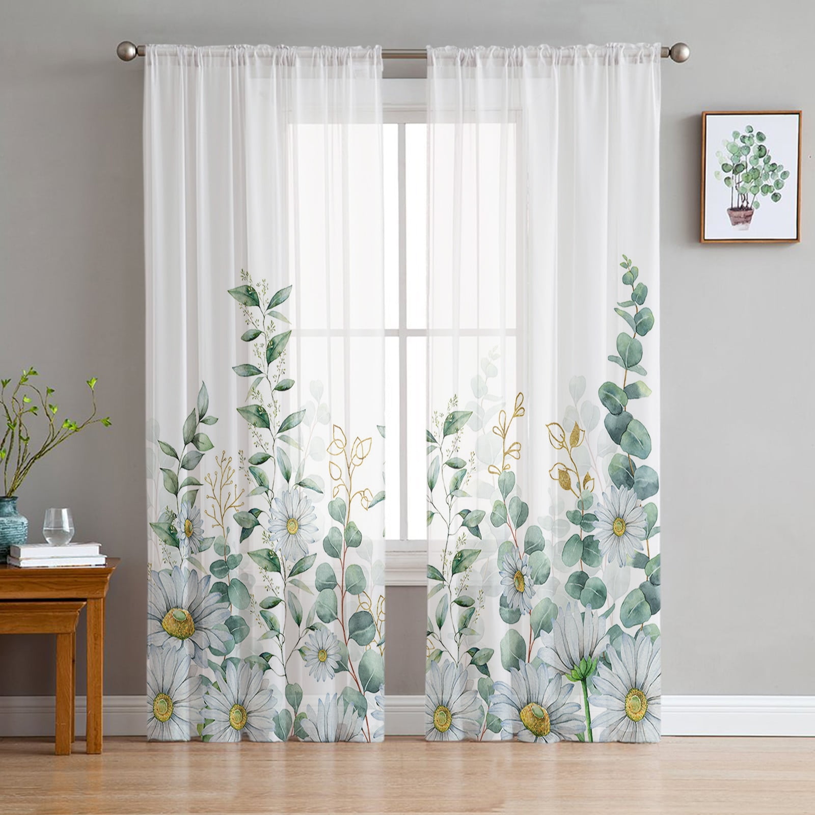 Eucalyptus Leaves Farmhouse Plant Daisy Tulle Voile Curtains Bedroom ...