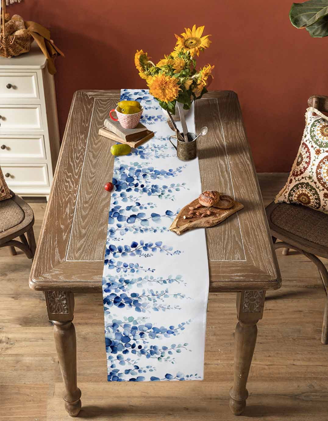 Eucalyptus Leaves Hand-Painted Vine Table Runner Cotton Lin Wedding ...