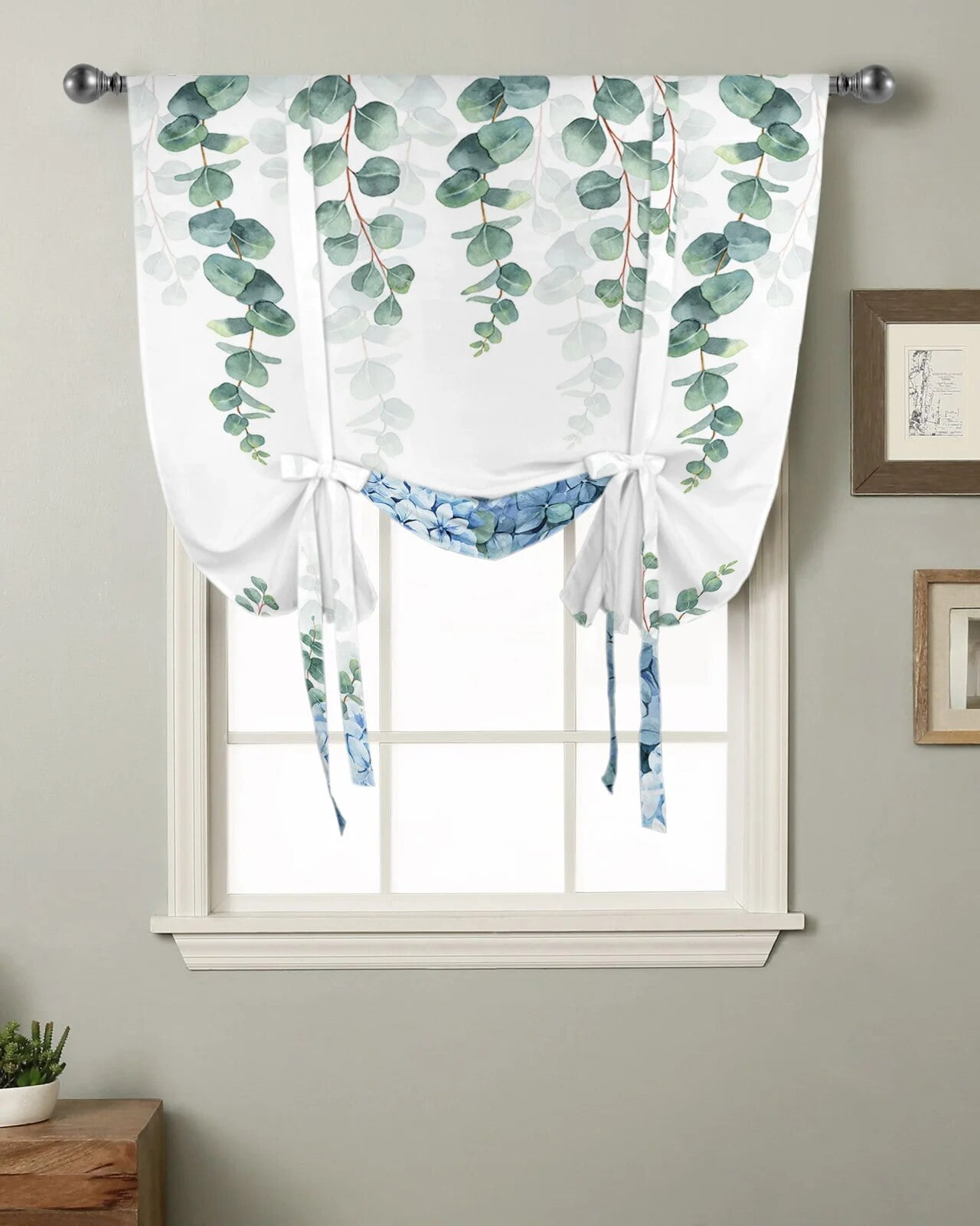 Eucalyptus Leaves Hydrangea Flower Plant Kitchen Short Window Curtain ...