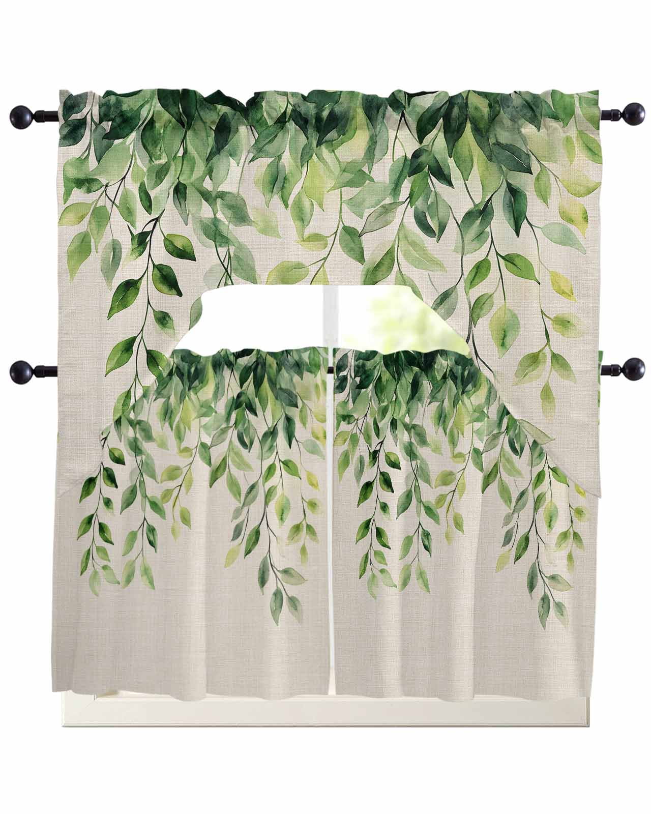 Eucalyptus Leaves Kitchen Curtains Sets 24 Inch Length with Valance ...