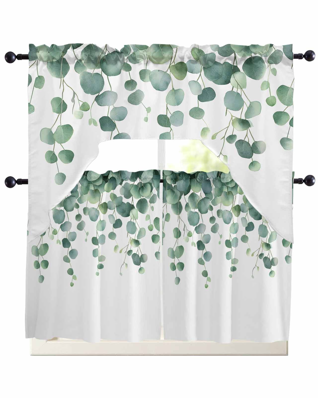 Eucalyptus Leaves Kitchen Curtains Sets 36 Inch Length with Valance ...