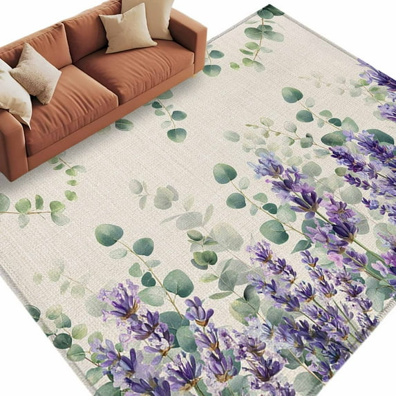Eucalyptus Leaves Lavender Washable Area Rug 5 x 7 ft Watercolor Plants ...