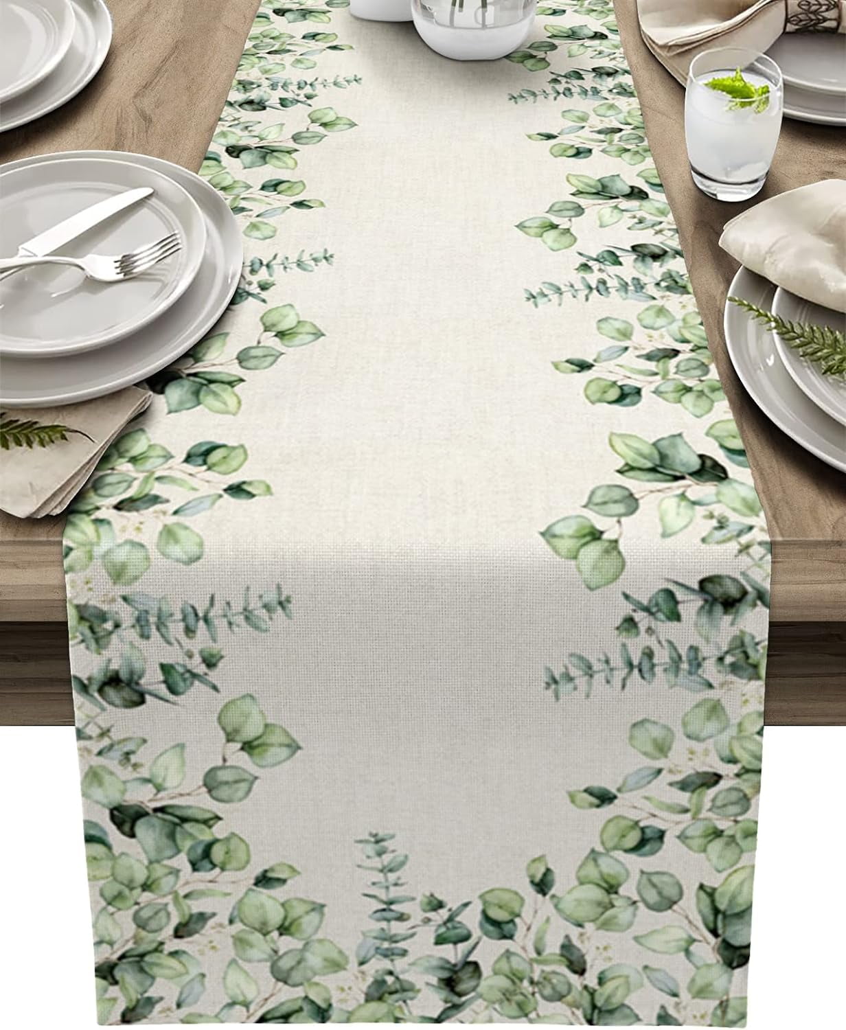 Eucalyptus Leaves Linen Table Runner Summer Vintage Watercolor Leaf ...