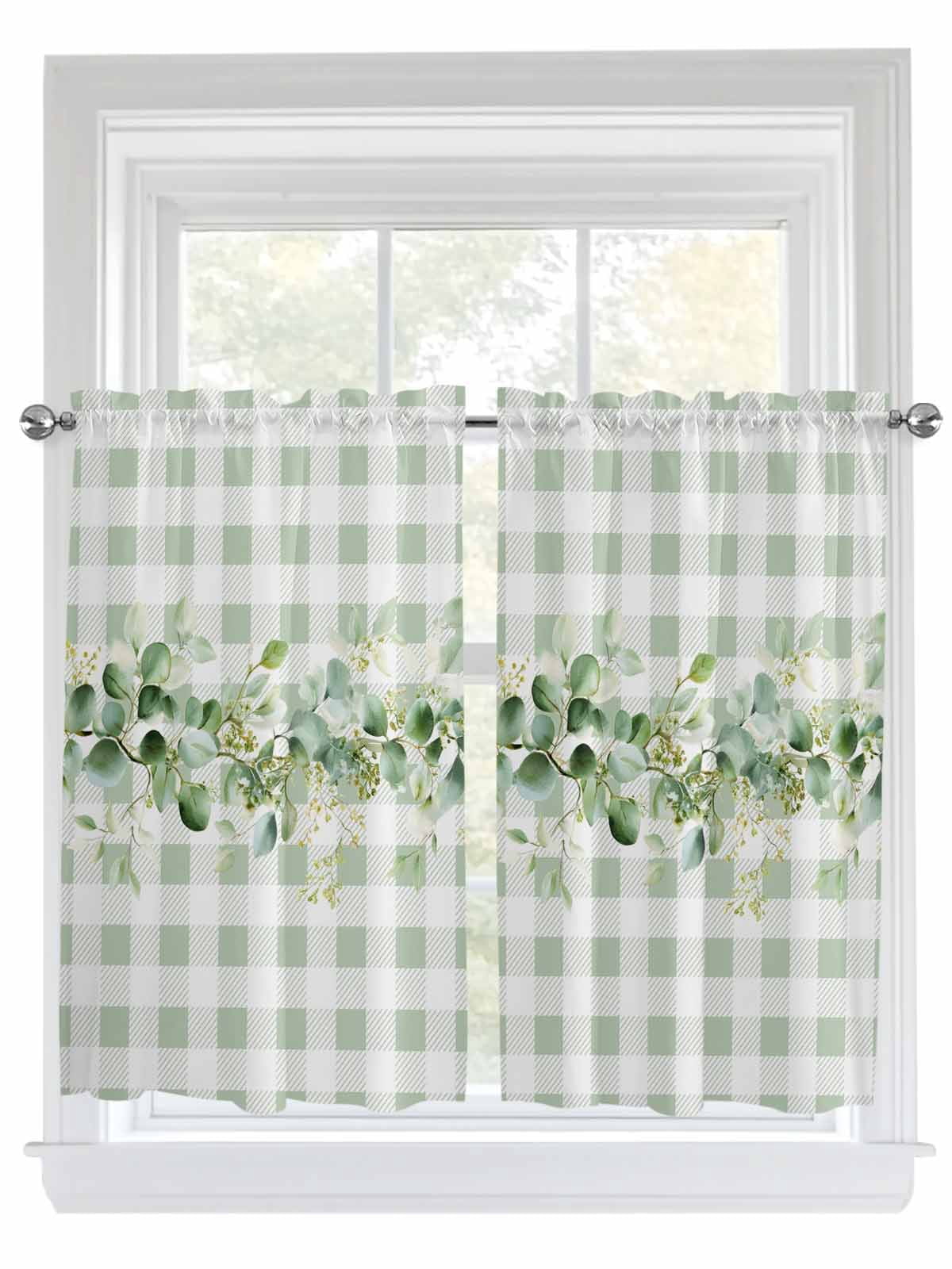 Eucalyptus Leaves Living Room Curtains 2 Panel, Green Plaid Farmhouse ...