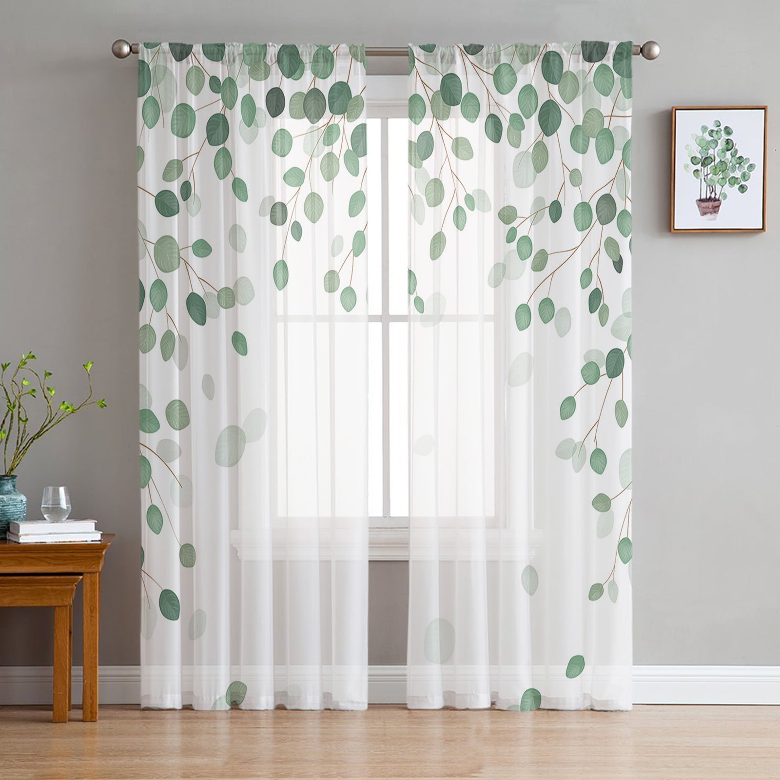 Eucalyptus Leaves Plant Green White Tulle Sheer Window Curtains for ...