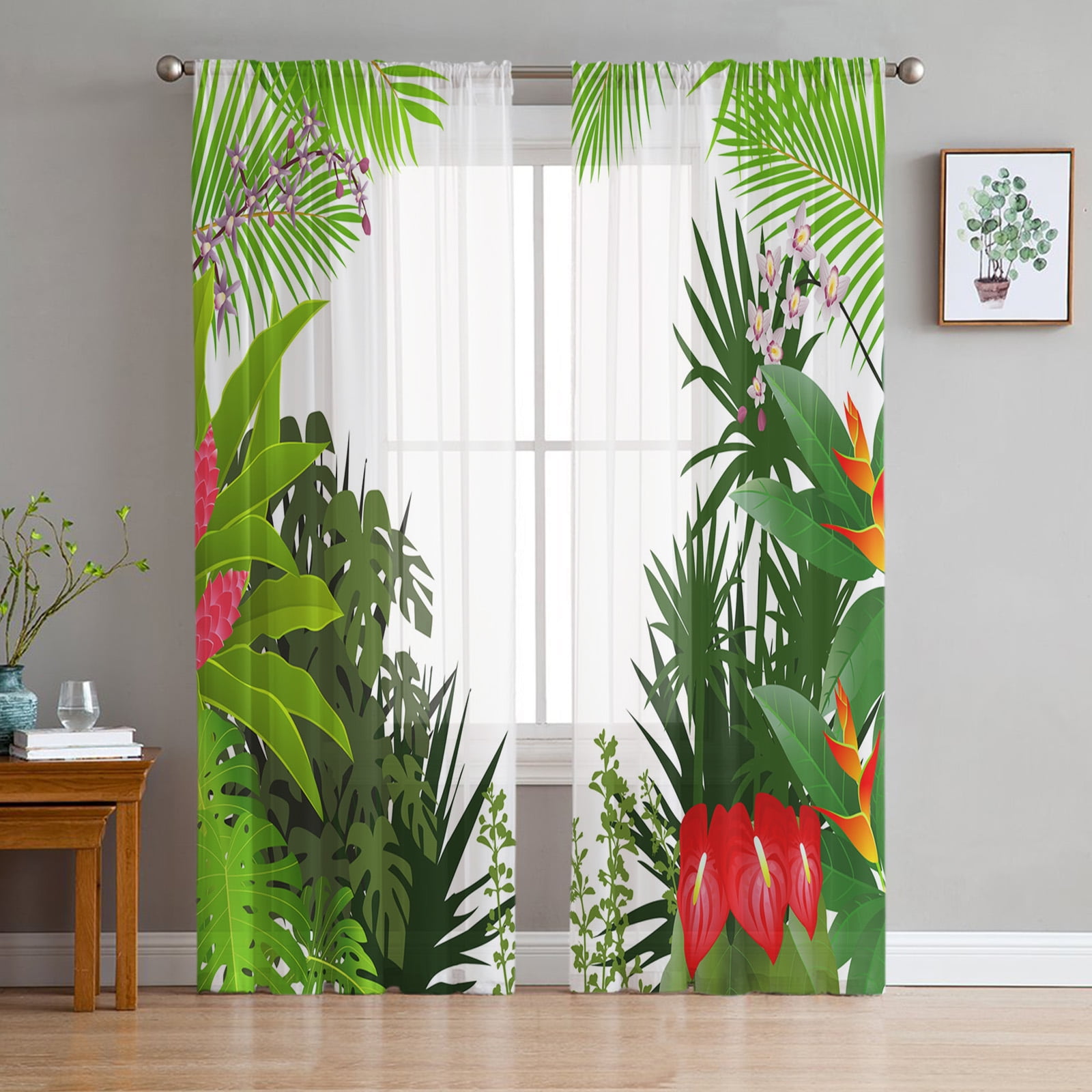 Eucalyptus Leaves Plant Green White Tulle Sheer Window Curtains for ...