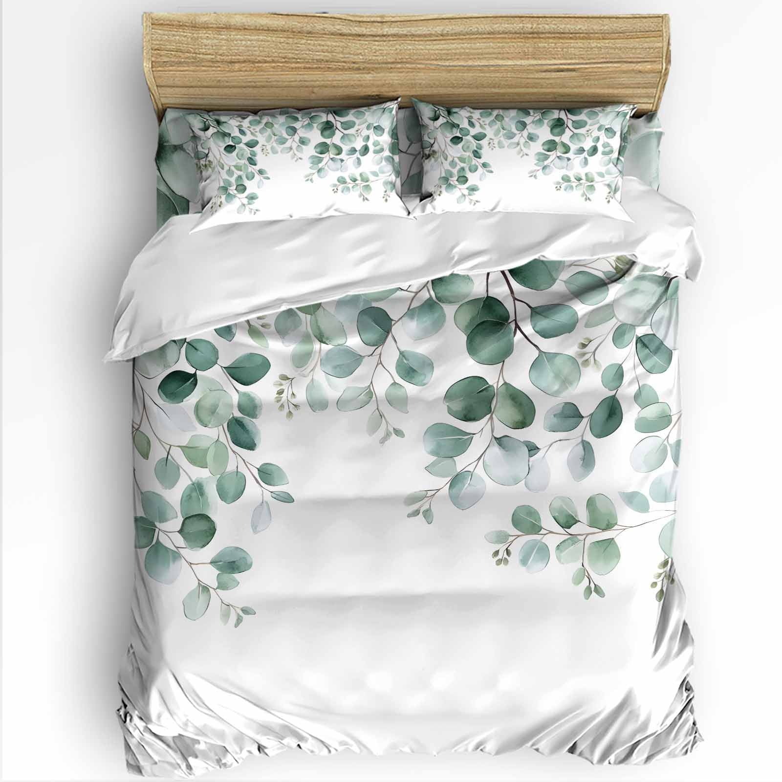 Eucalyptus Leaves Queen Size Comforter Set, Sage Green Plant Soft Bedding for All Seasons, 4 Pcs ...