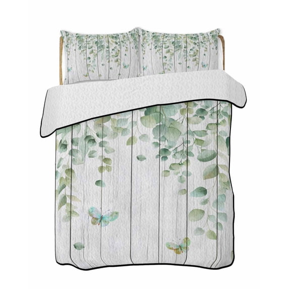 Eucalyptus Leaves Quilts Bedding Set California King Watercolor Green ...