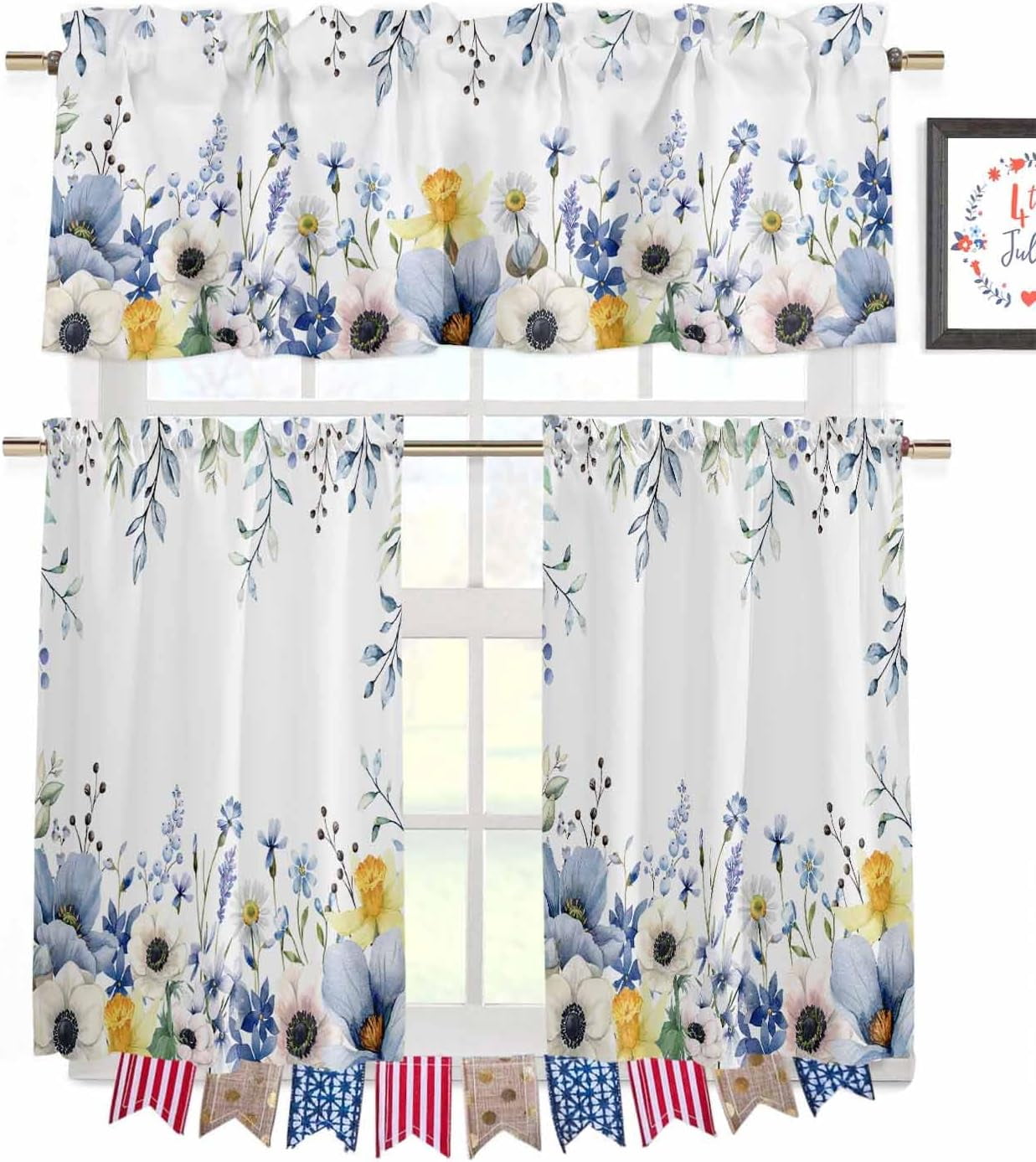 Eucalyptus Leaves Rod Pocket Kitchen Curtain Valance and Tiers Set,Blue ...