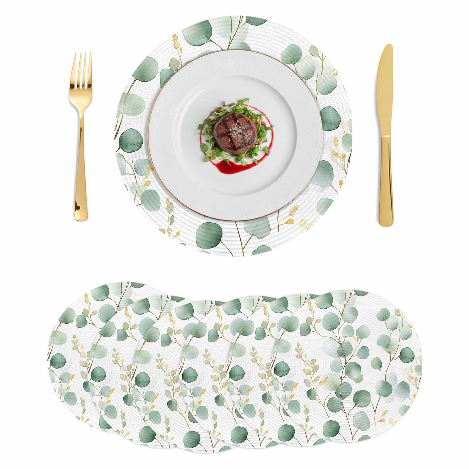 Eucalyptus Leaves Round 15 Inch Placemats Set of 6, Green Gold Spring ...