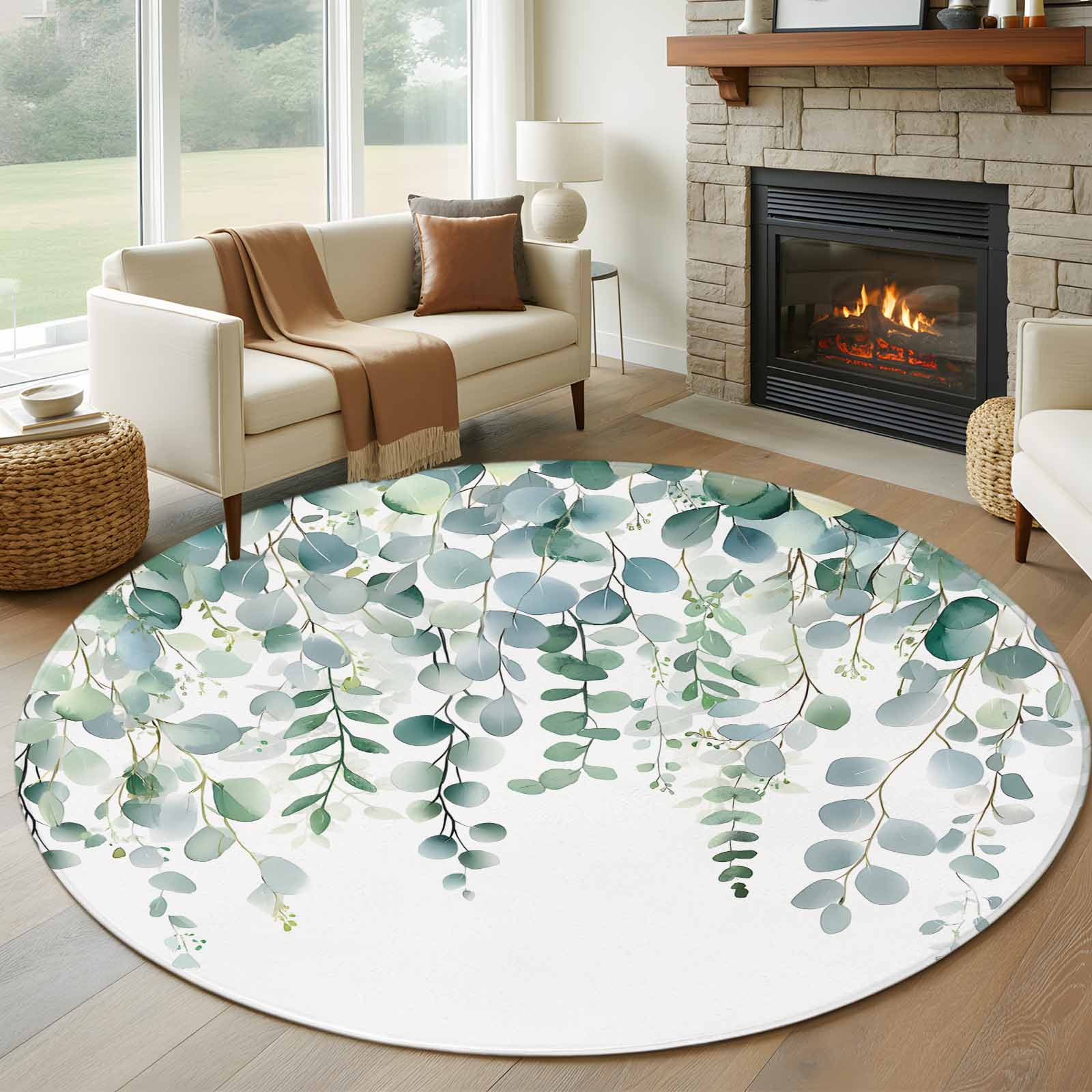 Eucalyptus Leaves Round Area Rug 5 FT, Non Slip Bedroom Rugs, Teal ...