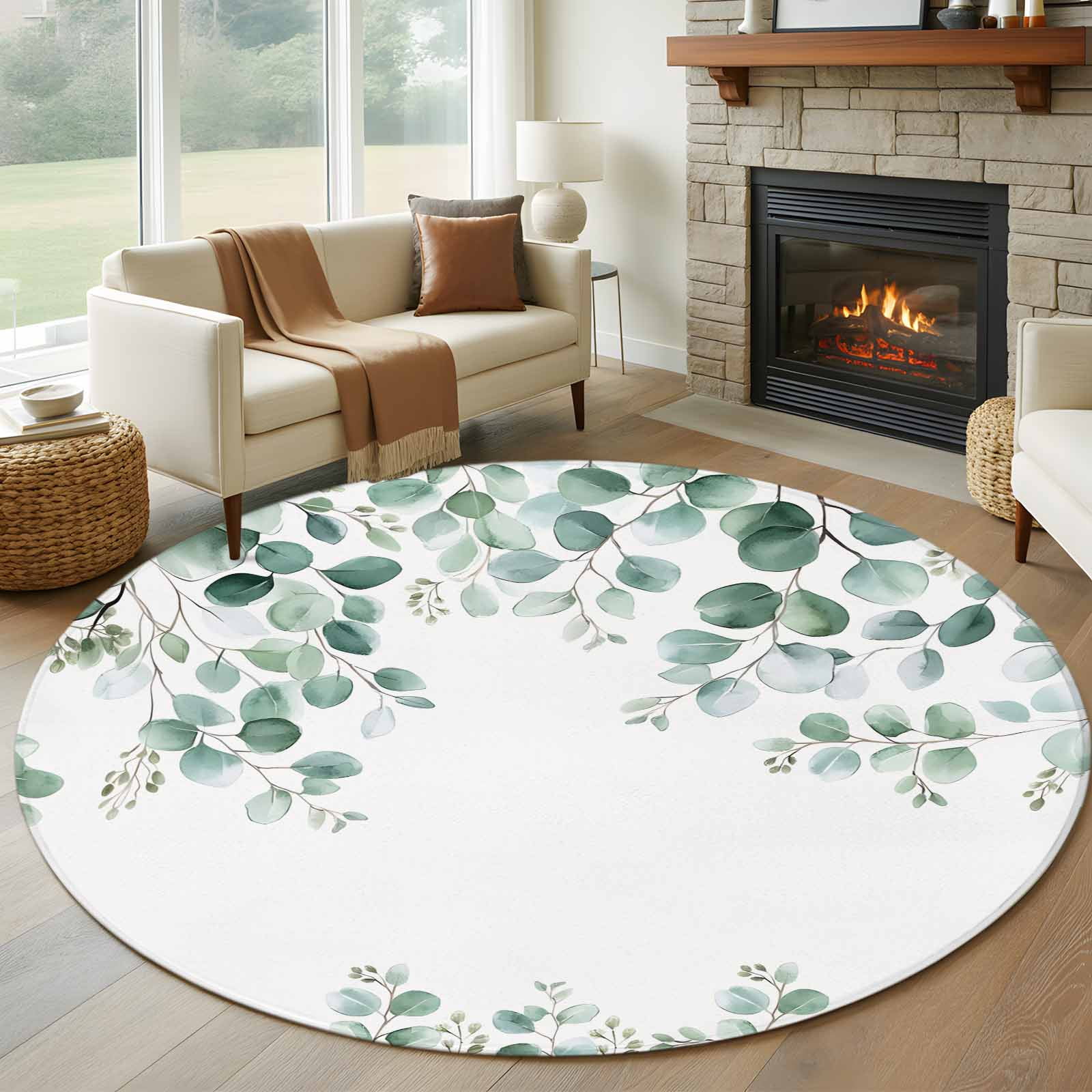 Eucalyptus Leaves Round Area Rug 5 FT, Non Slip Bedroom Rugs ...