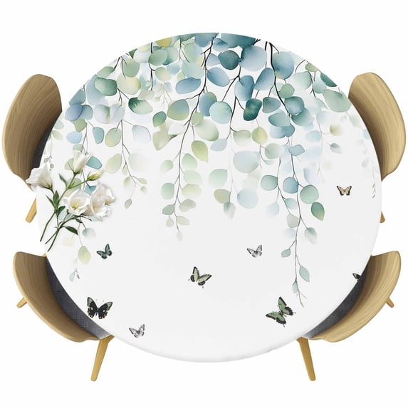 Eucalyptus Leaves Round Fitted Tablecloth with Elastic Edge, Green Leaf ...