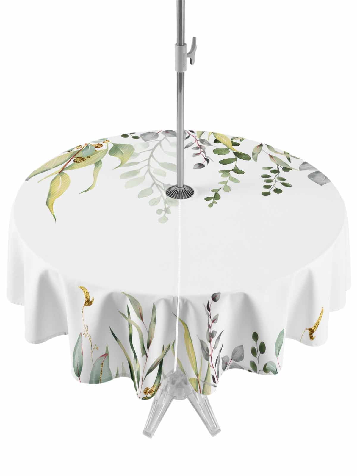 Eucalyptus Leaves Round Outdoor Tablecloth with Umbrella Hole Green ...
