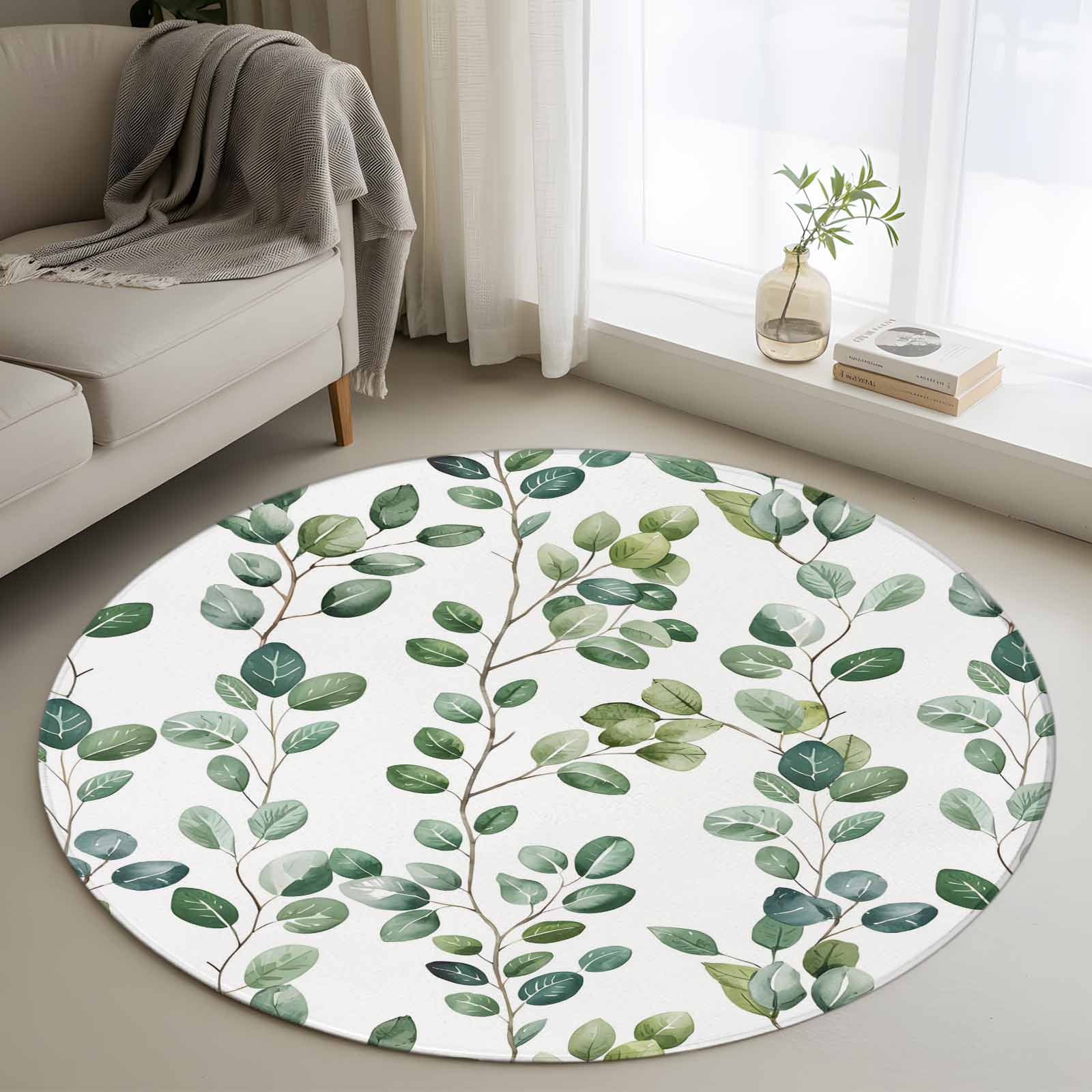 Eucalyptus Leaves Round Rug 4ft Washable Circle Entryway Rugs Non Slip ...