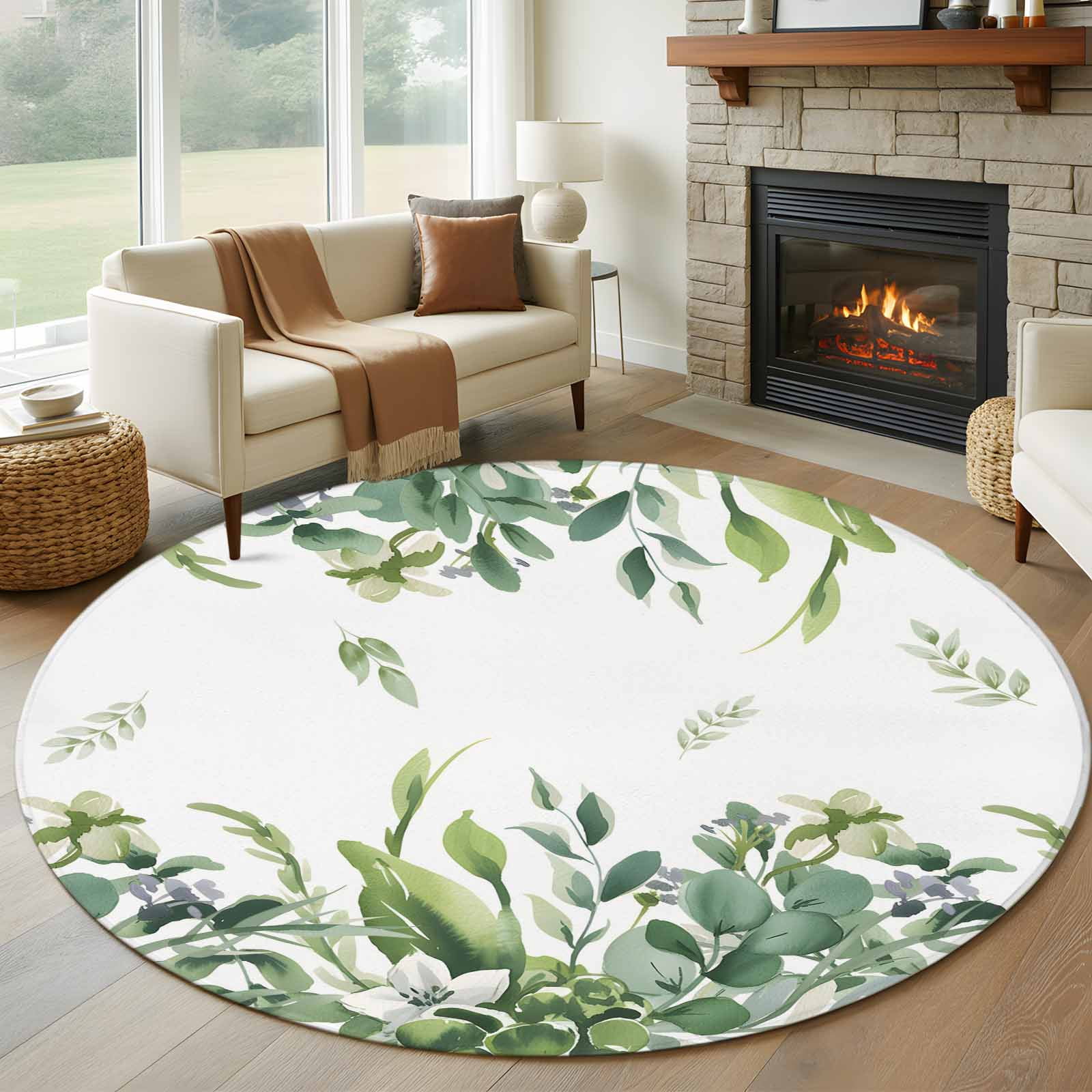 Eucalyptus Leaves Round Rug 7ft Washable Circle Rugs Non Slip Rustic ...