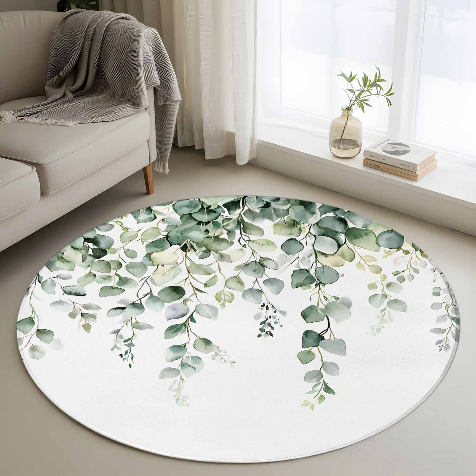 Eucalyptus Leaves Round Rugs 4ft, Spring Farmhouse Retro Botanical Non ...